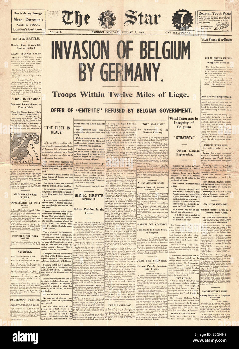 1914 The Star (London) front page reporting German invasion of Belgium ...