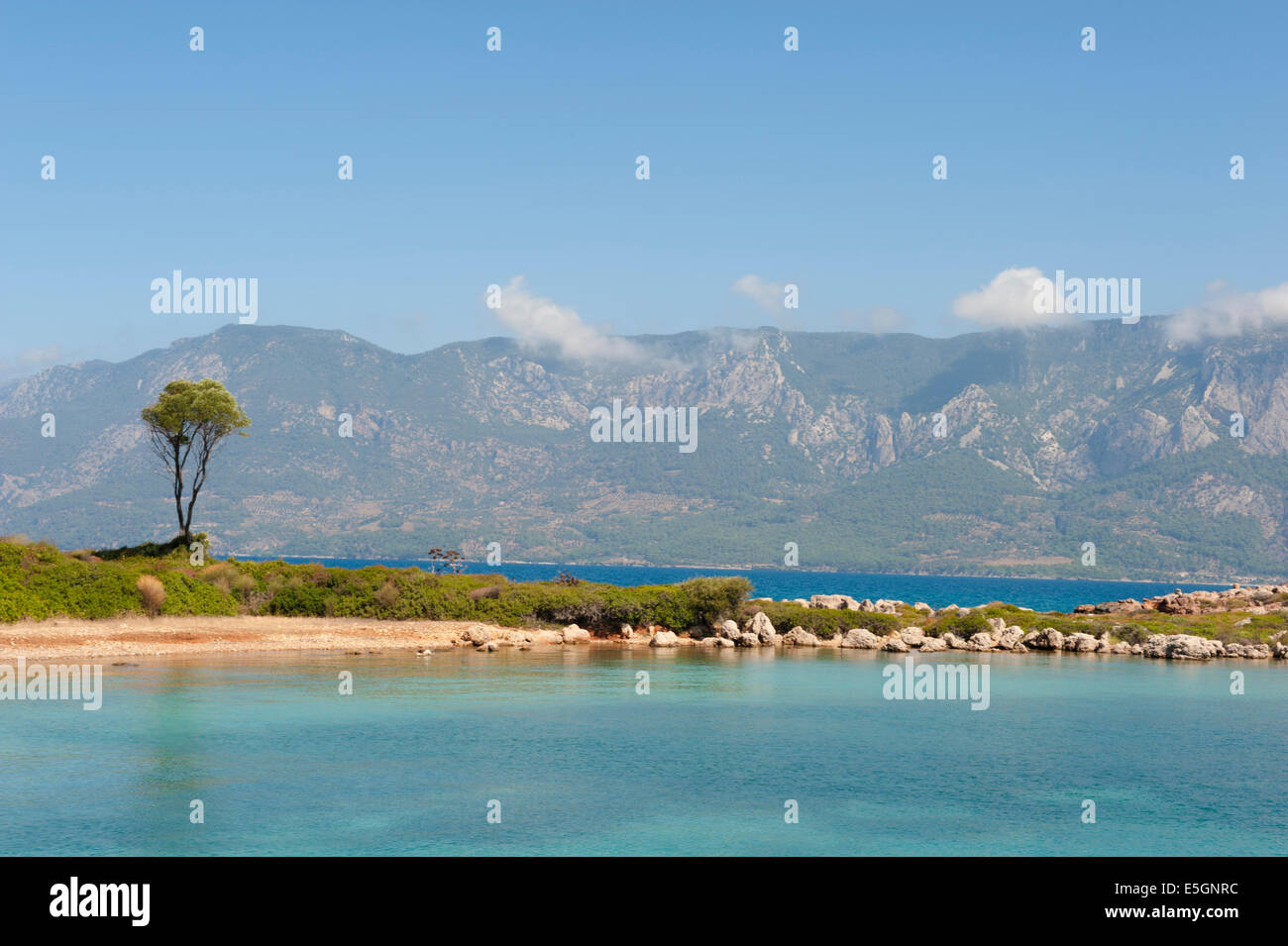 Sedir island in the Gulf of Gökova is surrounded by azure water, and ...
