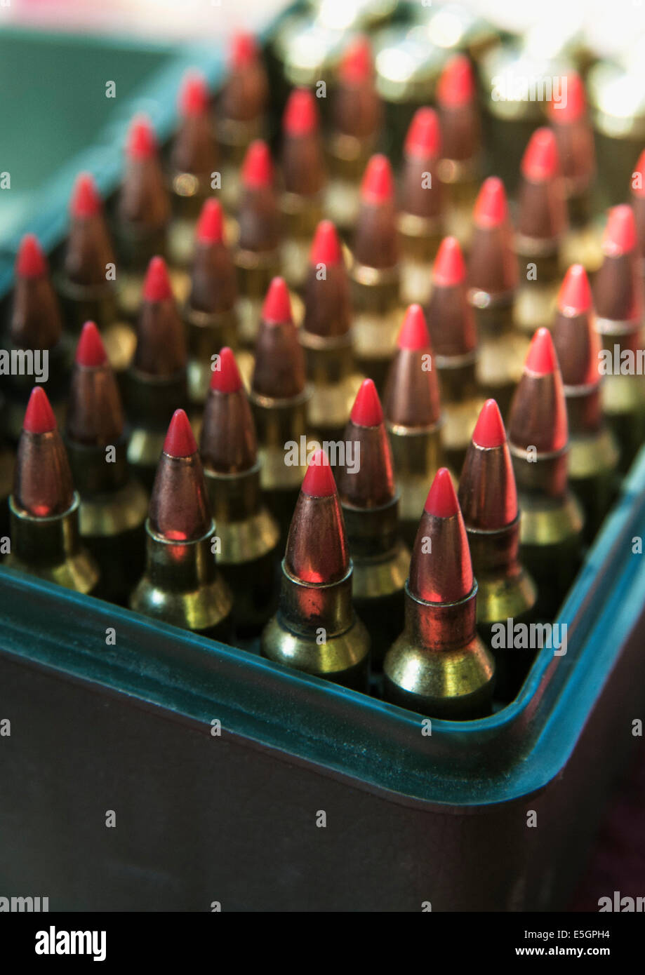 A close up of red polymer tipped bullets in a case Stock Photo - Alamy