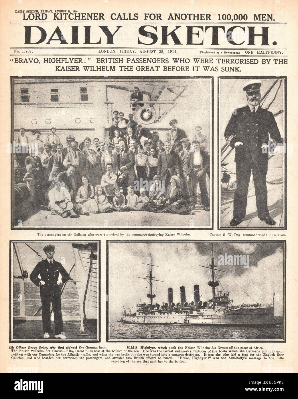1914 Daily Sketch front page reporting the sinking of German warship ...