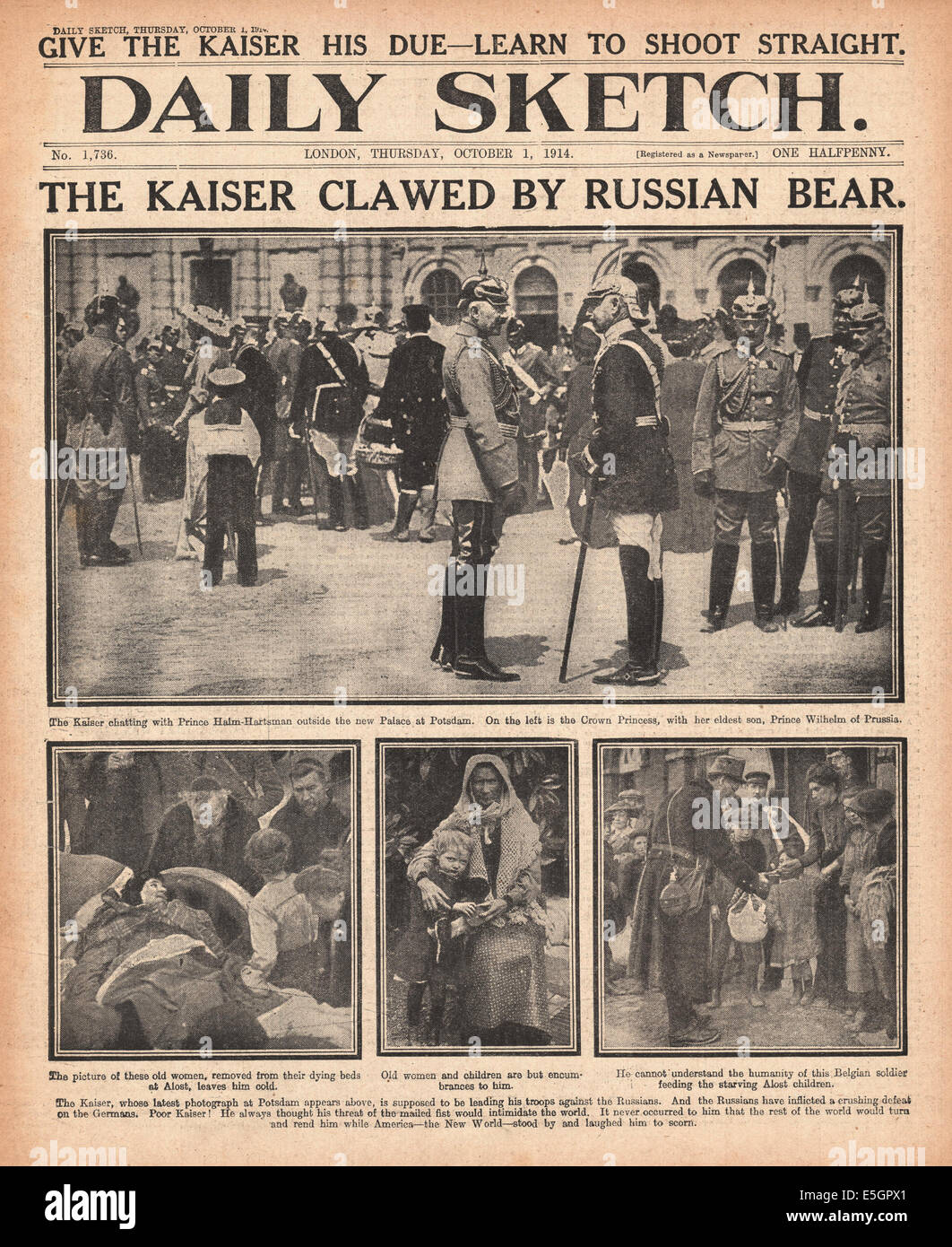 1914 Daily Sketch front page reporting Kaiser Wilhelm II outside the ...