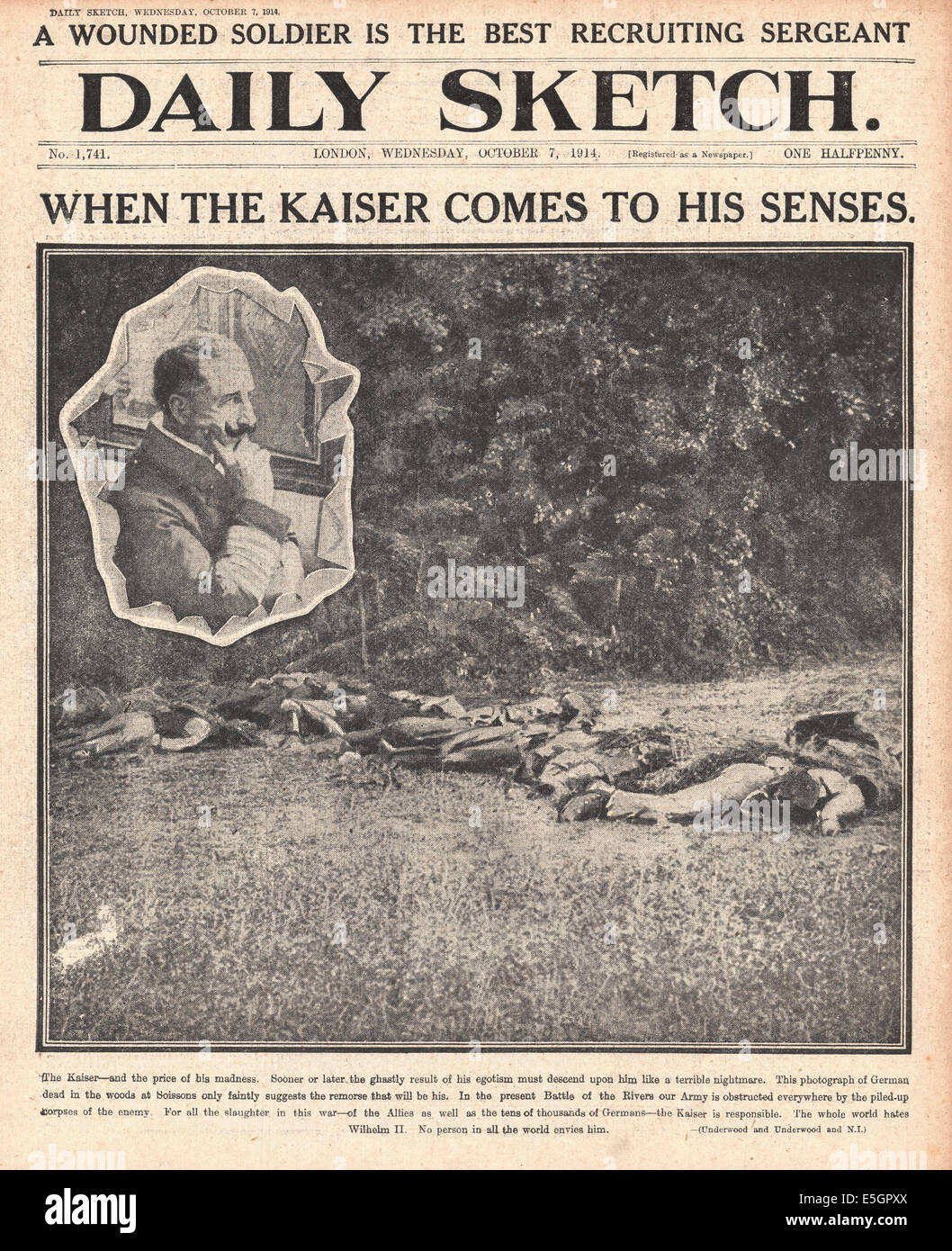 1914 Daily Sketch front page reporting German war dead and anti-Kaiser ...