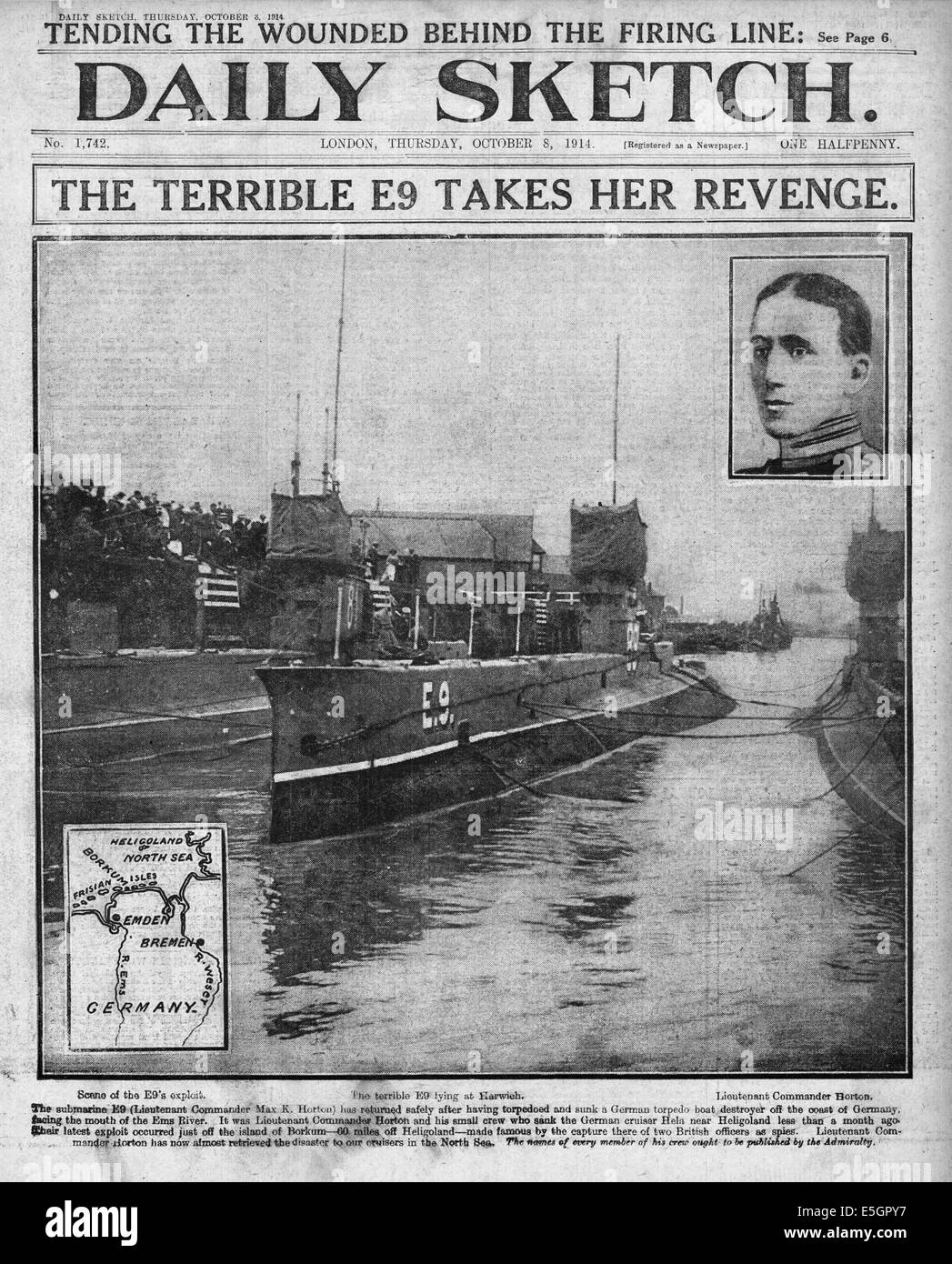 1914 Daily Sketch front page reporting British submarine E9 sinks ...