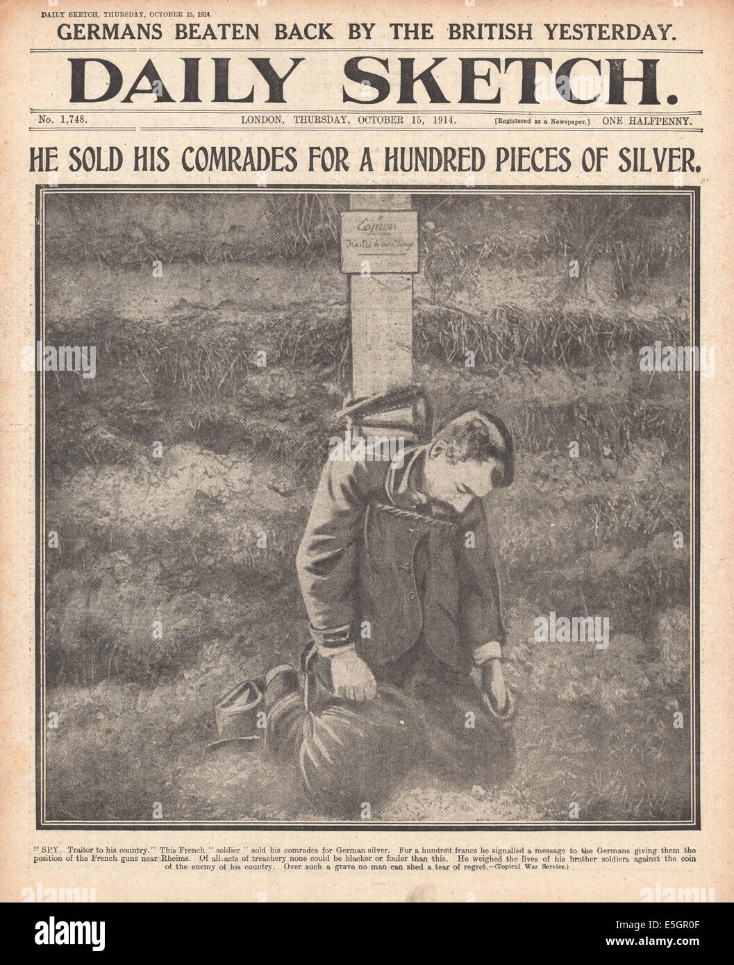 1914 Daily Sketch front page reporting the execution of French soldier ...