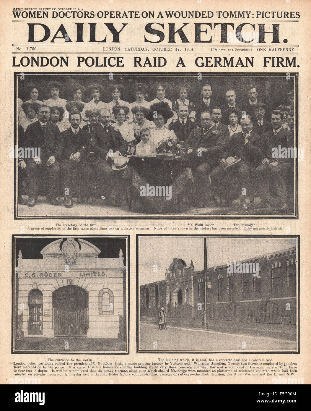 1914 Daily Sketch front page reporting London police raid the premisis ...