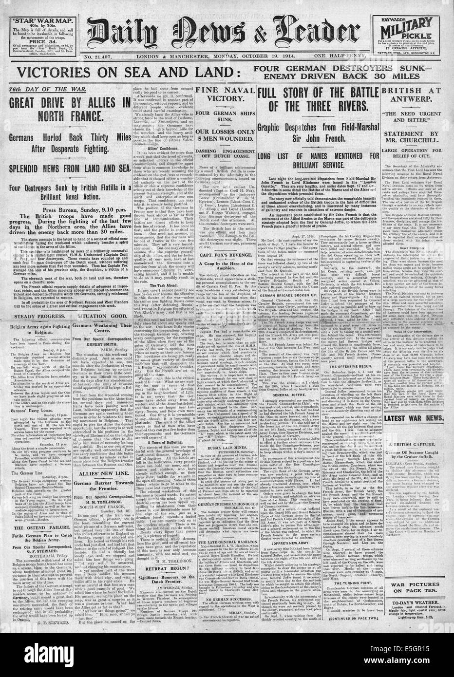1914 Daily News & Leader front page reporting General war news and ...