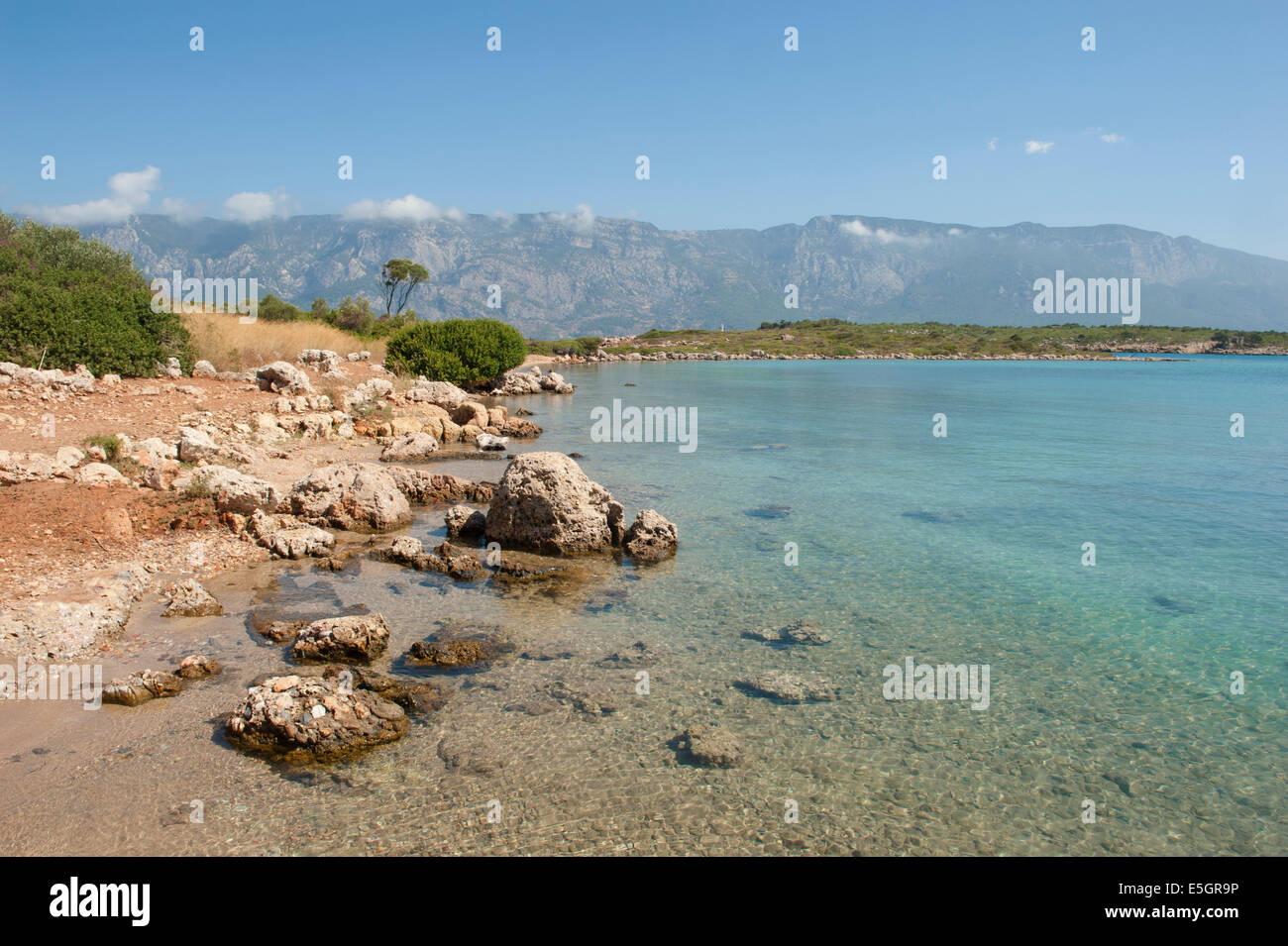 Sedir island in the Gulf of Gökova is surrounded by azure water, and ...