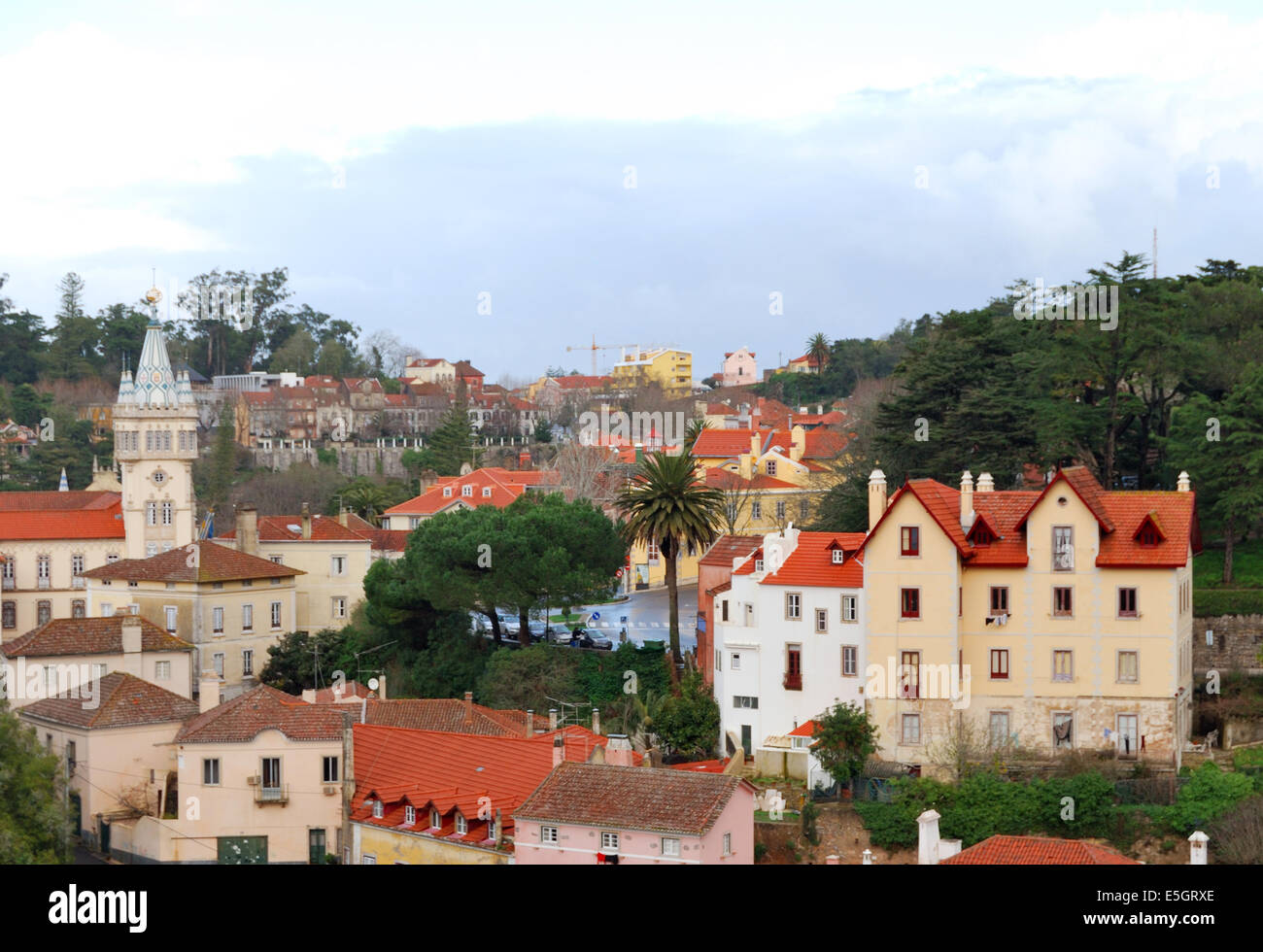 Panoramic view from the central square of the town of Sintra, Portugal ...