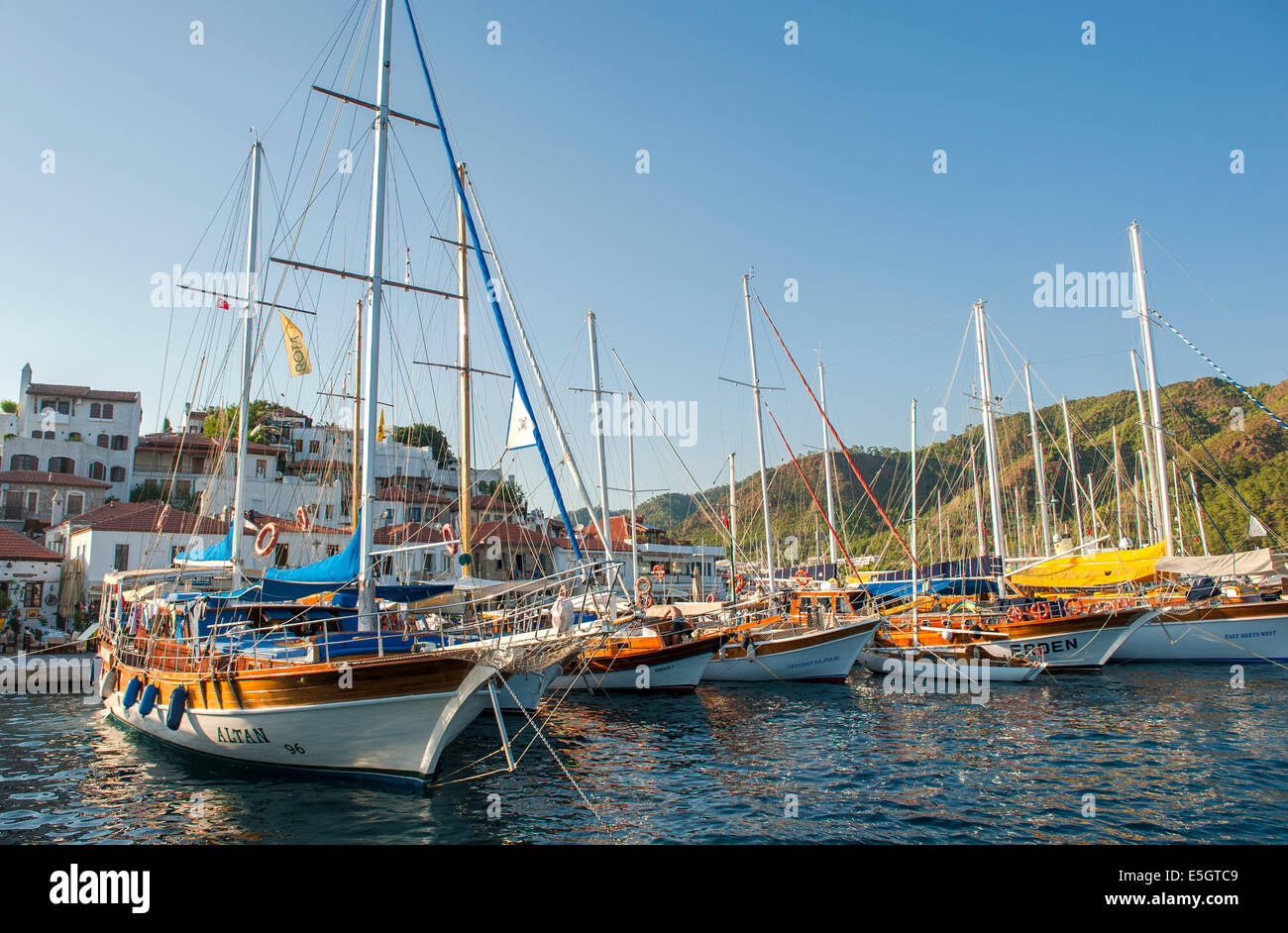 Gulet boats moored in the old port of Marmaris on the Aegean coast ...