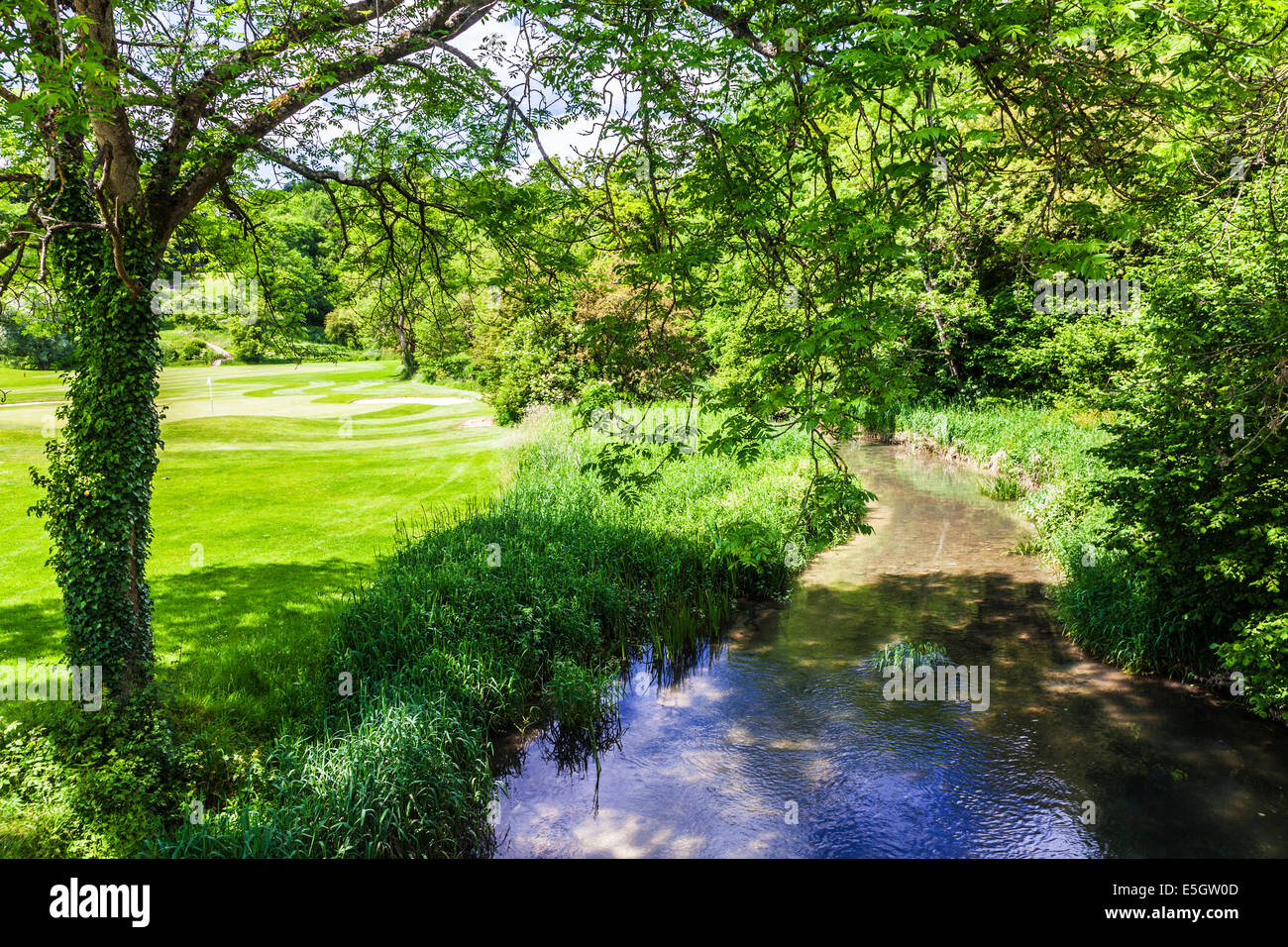 The river Bybrook flowing alongside a golf course in the Cotswolds ...