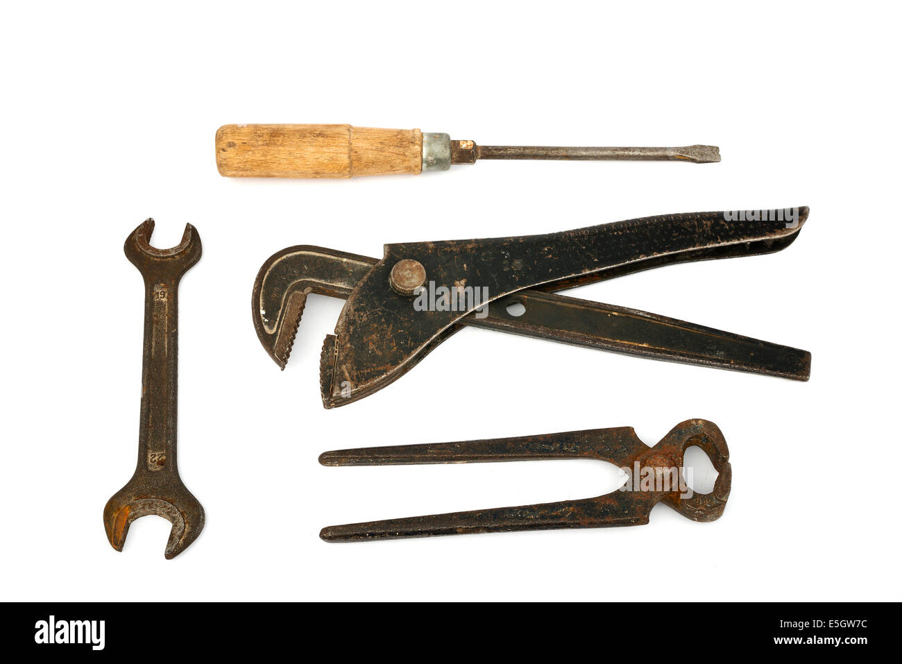 adjustable spanner with old tools isolated on the white Stock Photo - Alamy