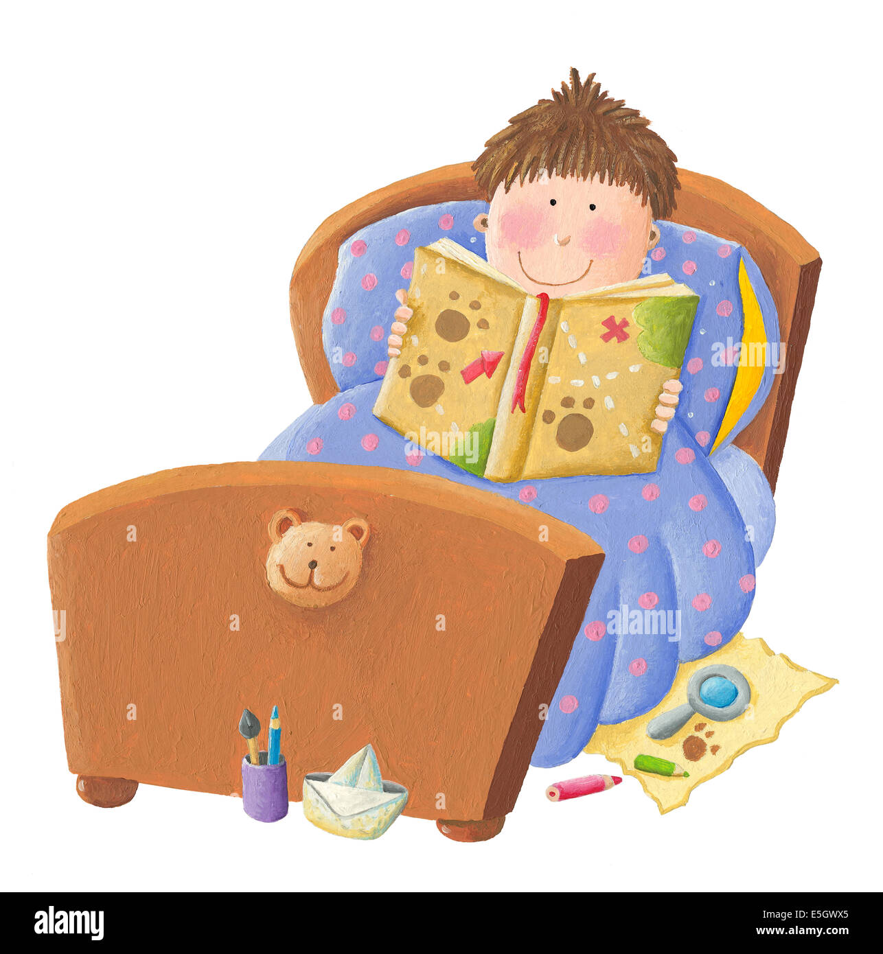 Acrylic illustration of Boy reading bedtime story Stock Photo - Alamy
