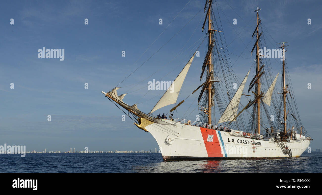 The U.S. Coast Guard Cutter Eagle awaits a passenger transfer off the ...