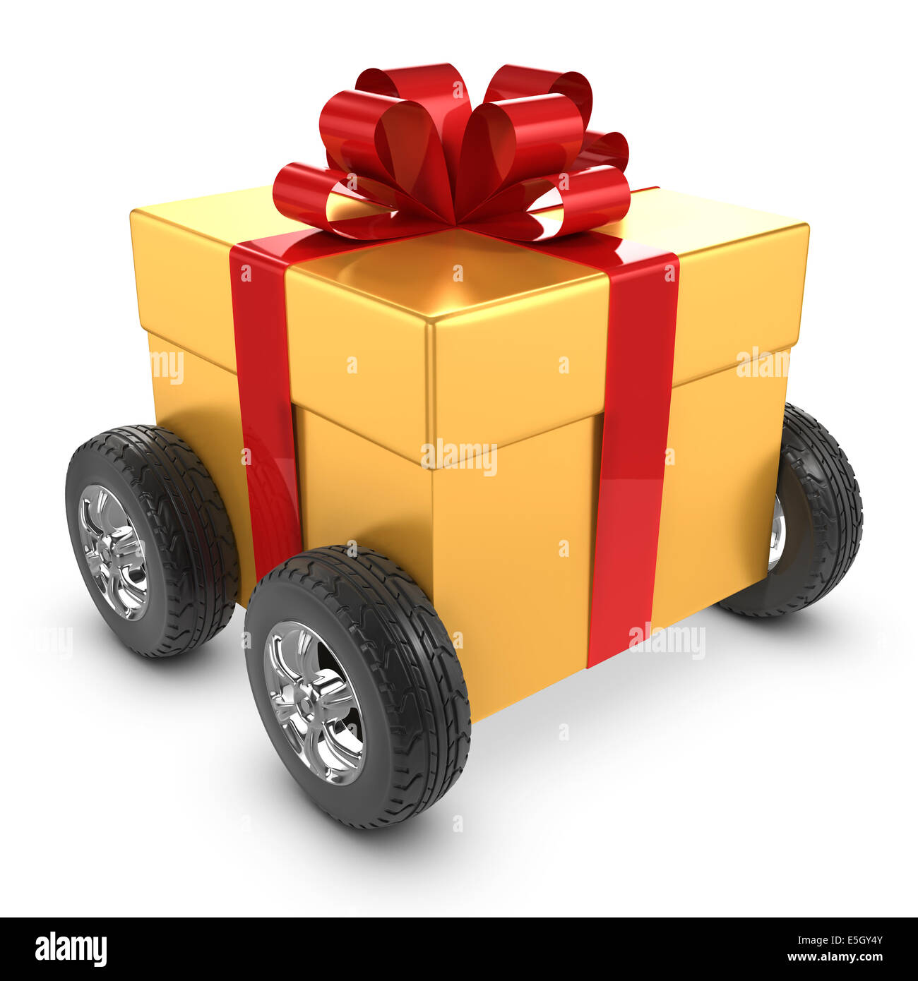 3d render of a gold gift wrapped present on wheels Stock Photo - Alamy
