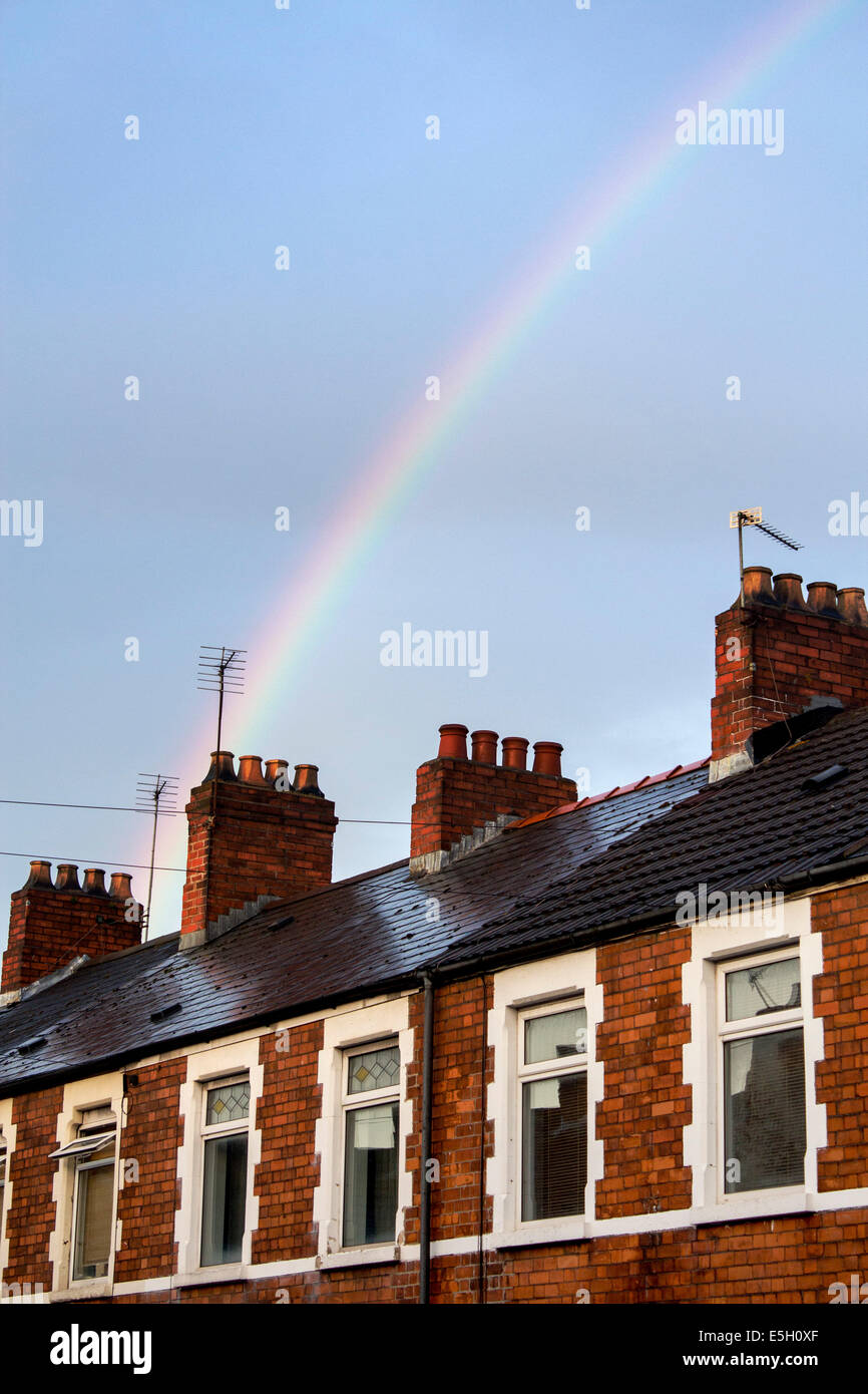 Rainbow over terraced houses Cardiff Wales UK Stock Photo - Alamy