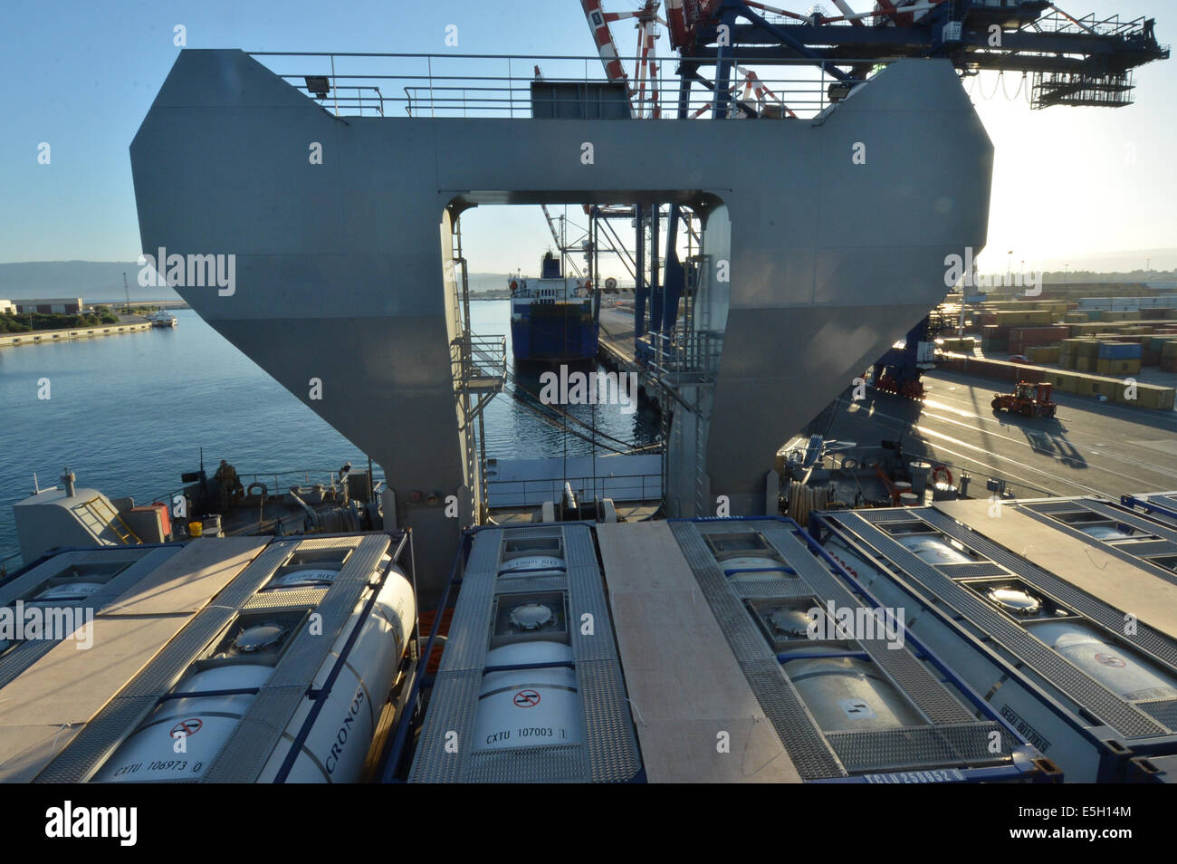 The Danish-owned roll-on/roll-off freighter MV Ark Futura docks next to ...