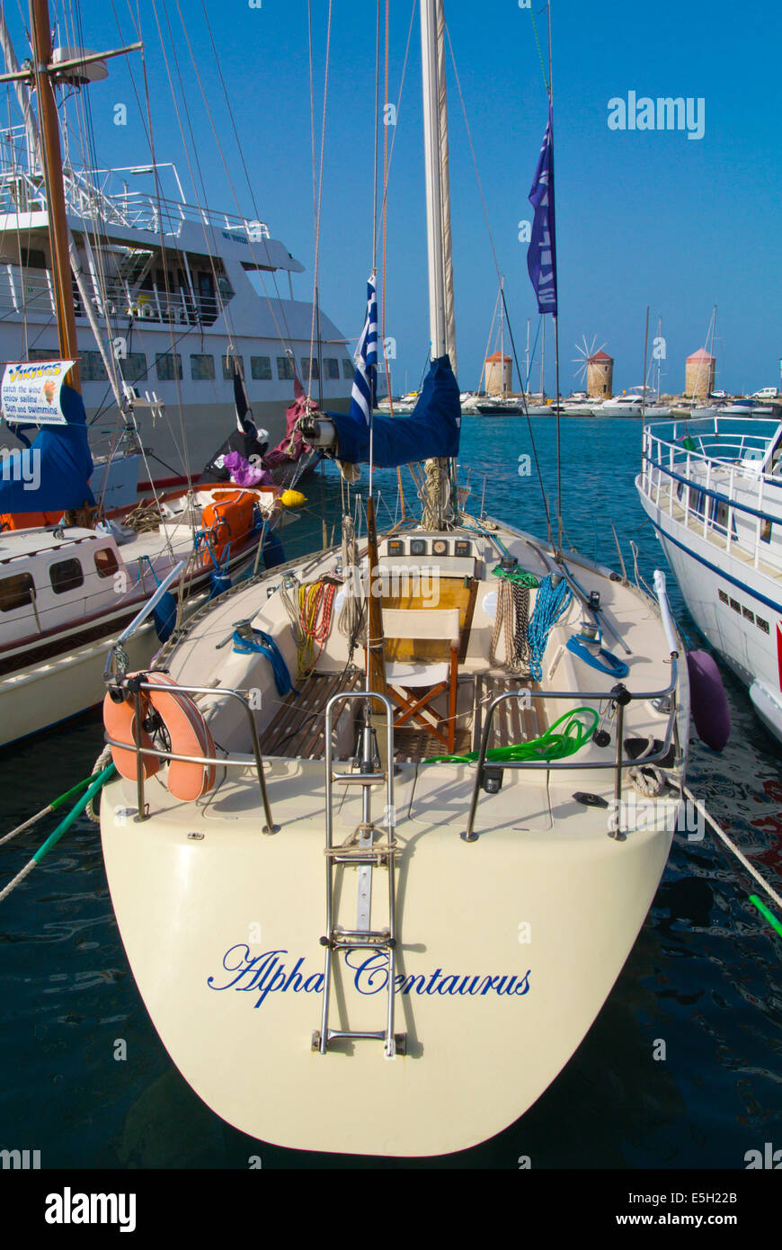 Yacht sailing boat in Mandraki port harbour area, Rhodes town, Rhodes ...