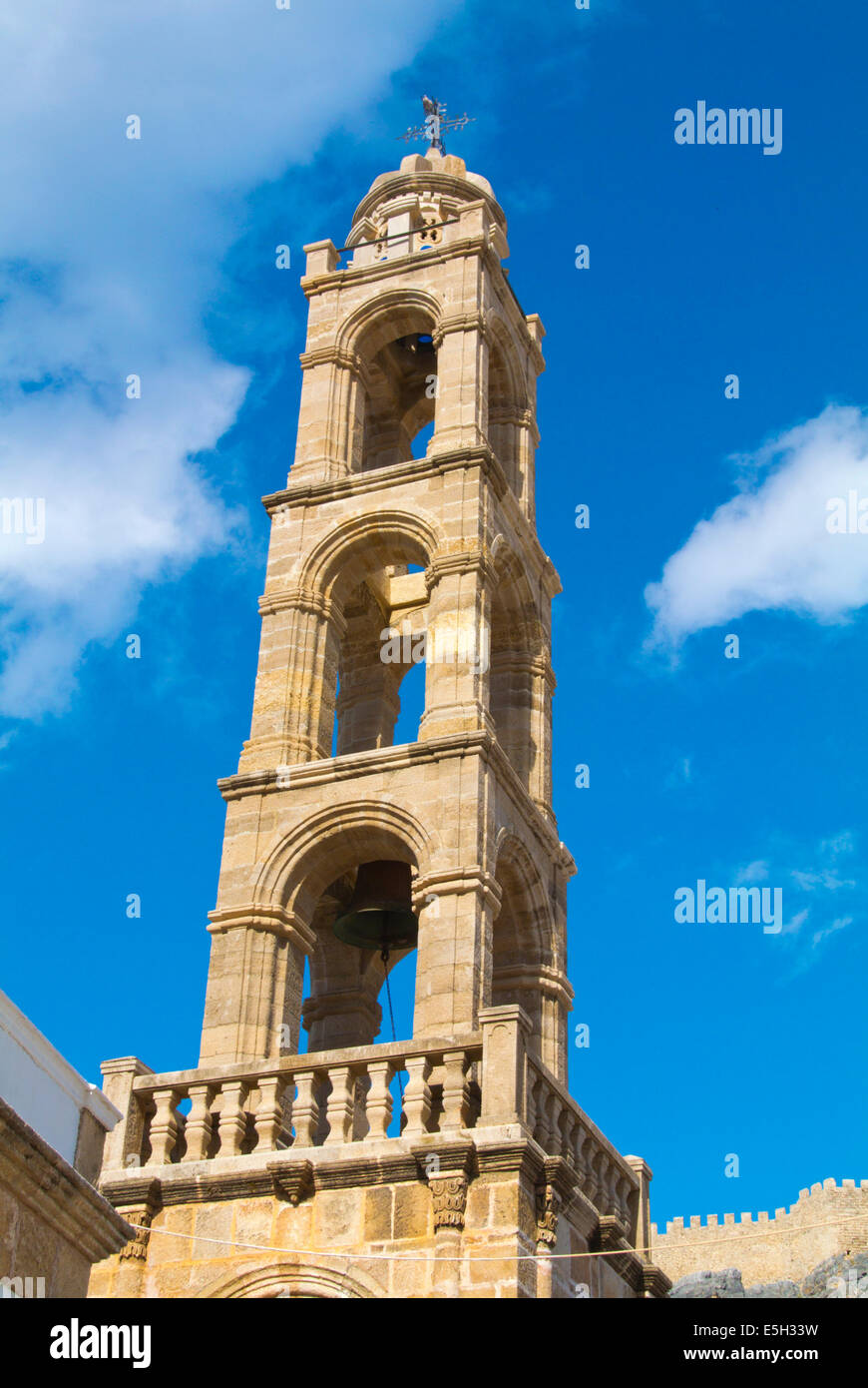Tower of Byzantine church of Panagia, Lindos town, Rhodes island ...