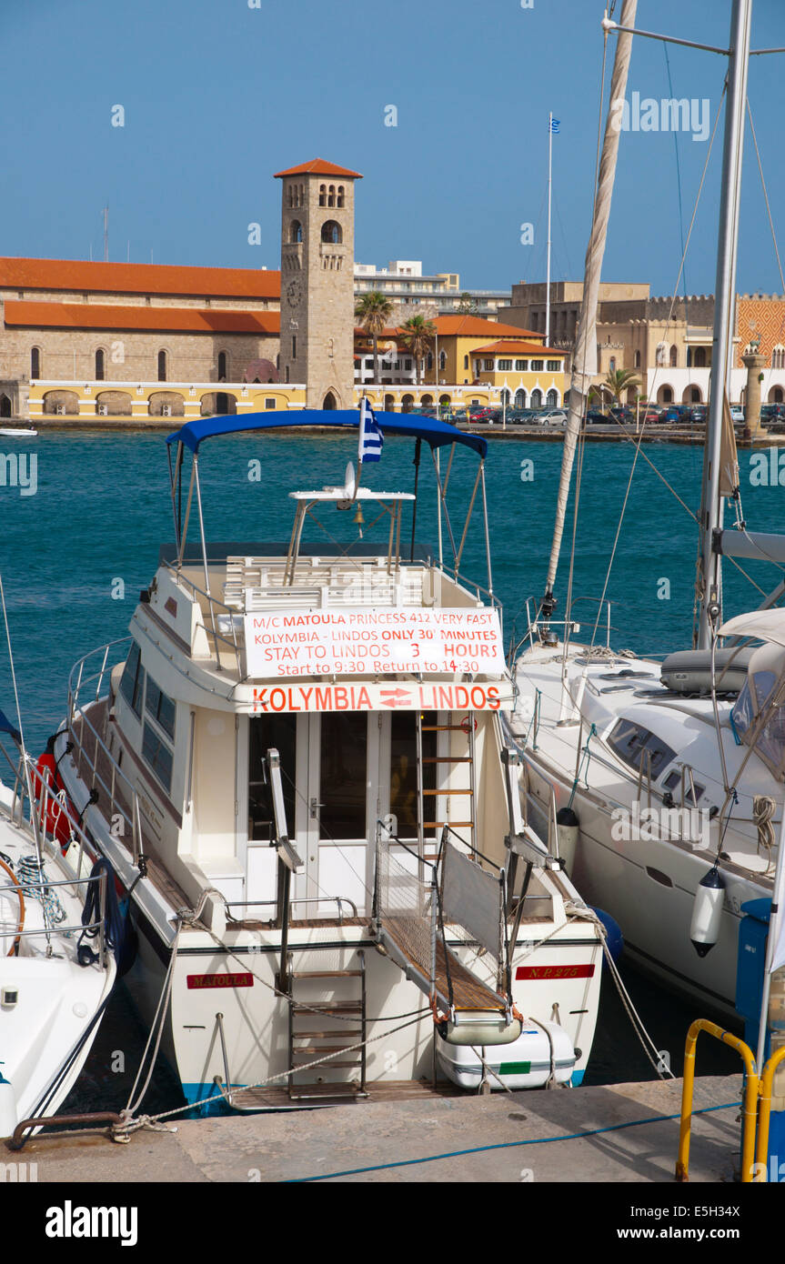 Boats in Mandraki port harbour area, Rhodes island, Dodecanese islands ...
