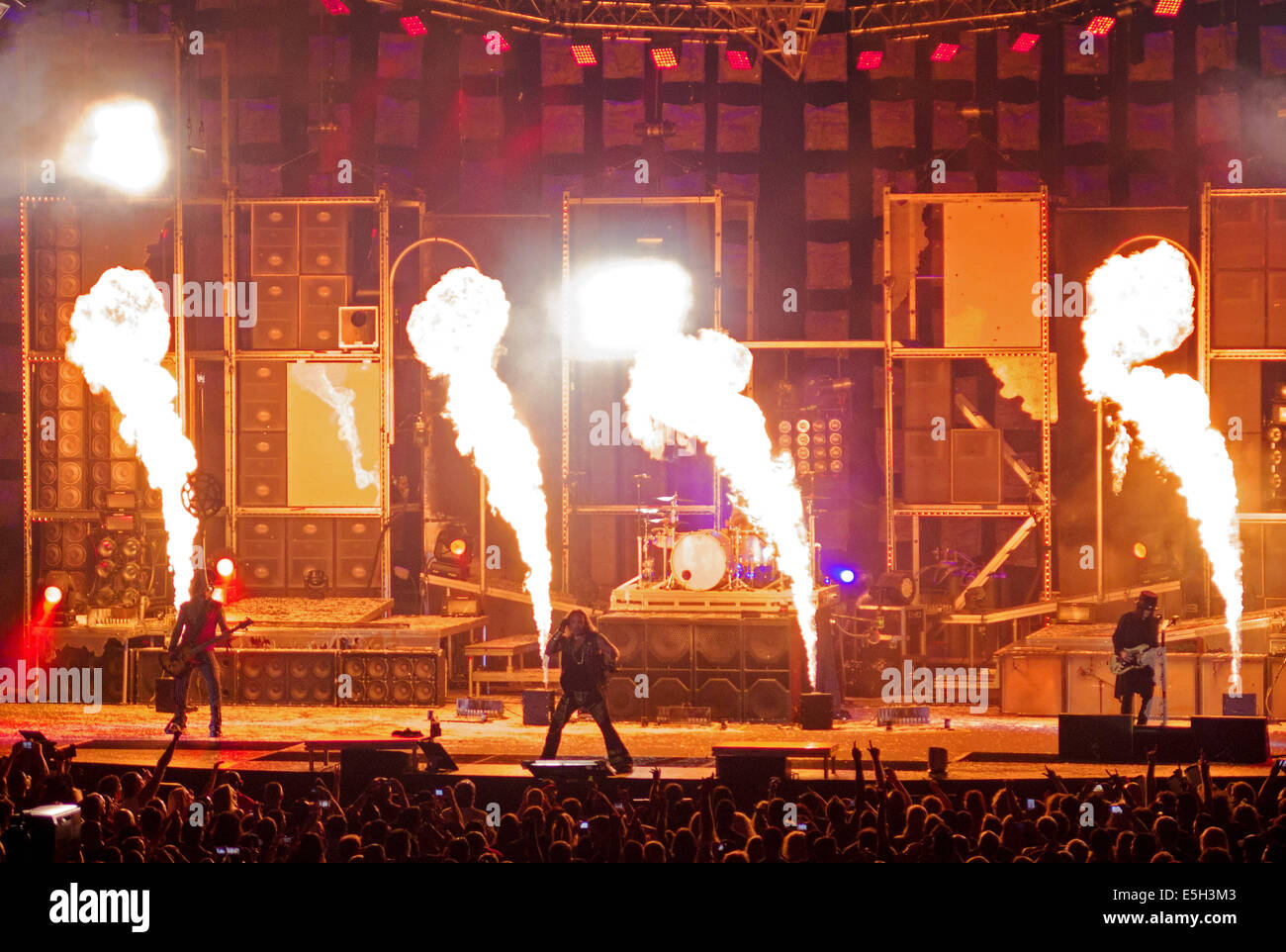 San Diego, CA, USA. 30th July, 2014. Pyrotechnics shoot off as the rock ...