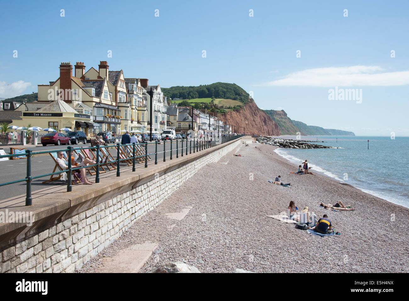Seafront and pebble beach on the Jurassic coast at Sidmouth Devon ...