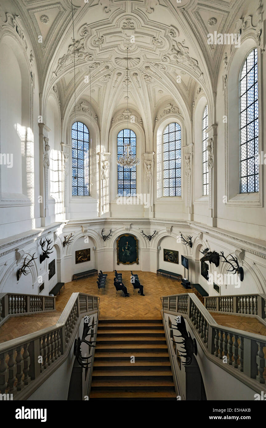 Stucco ceiling and stairs in the German Hunting and Fishing Museum, Munich, Upper Bavaria ...