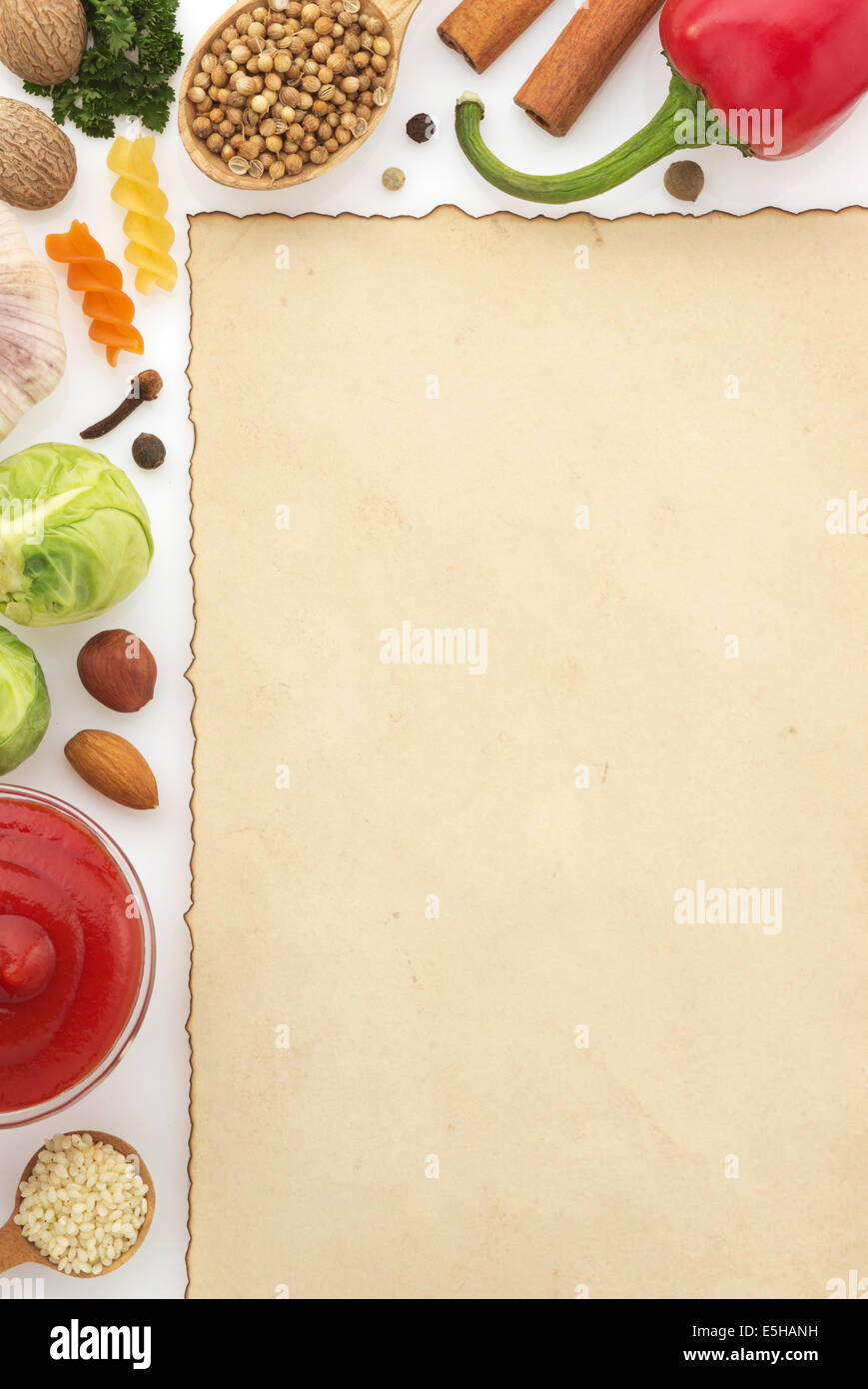 food ingredients and paper isolated on white background Stock Photo - Alamy