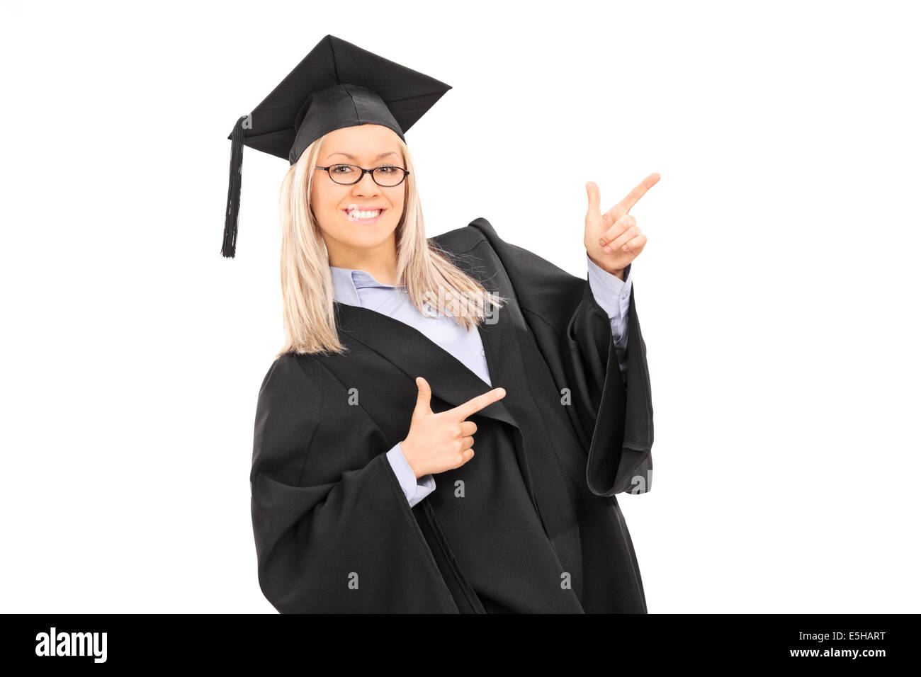 Female graduate student pointing with fingers Stock Photo - Alamy