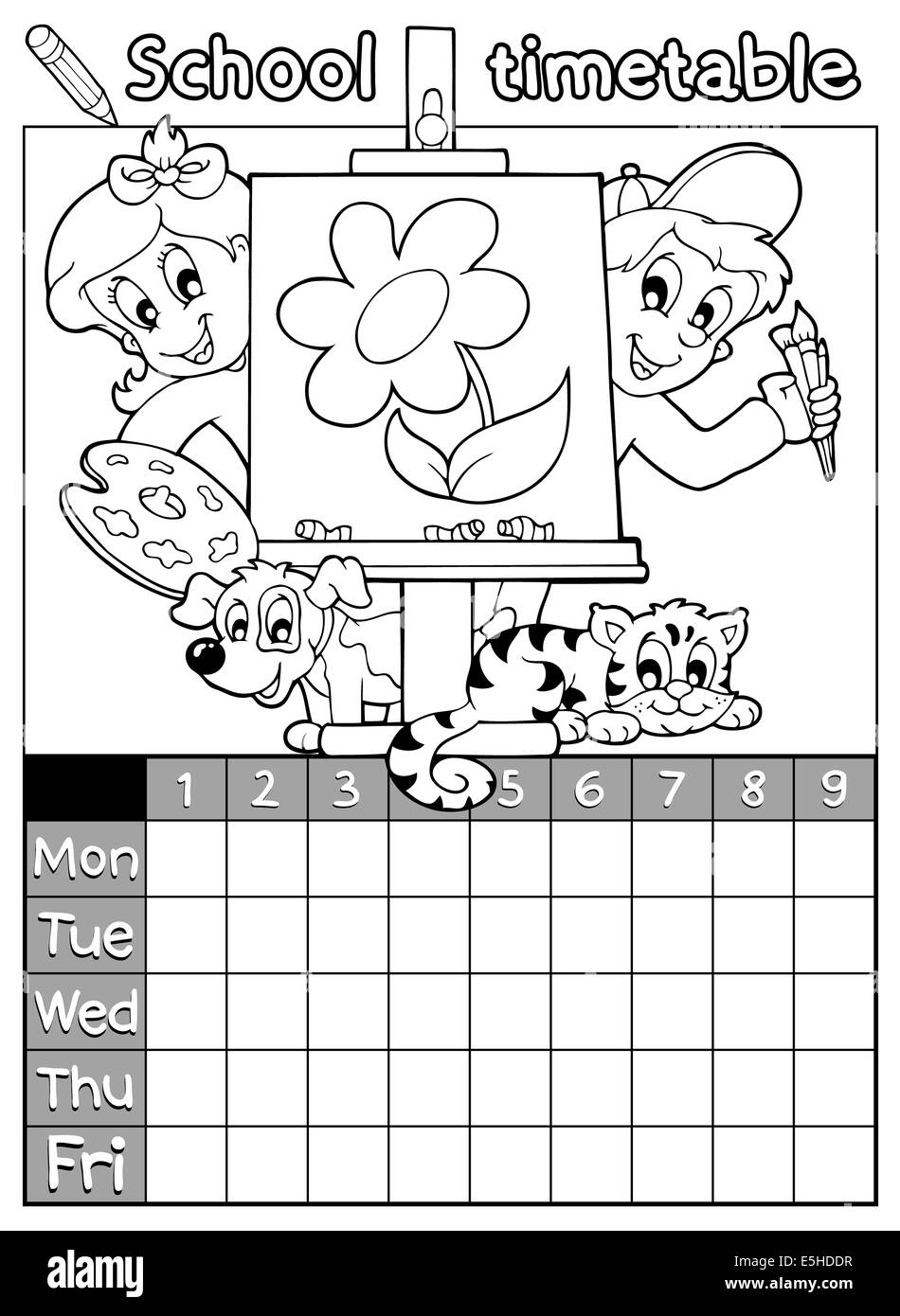 Coloring book timetable topic 1 - picture illustration Stock Photo - Alamy