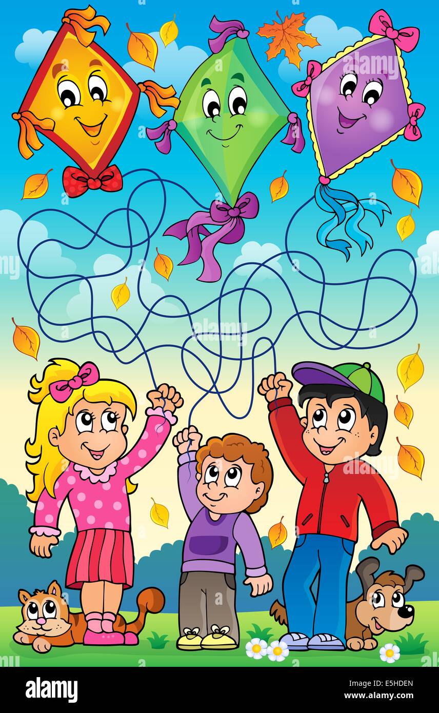 Maze 9 outdoor children with kites - picture illustration Stock Photo ...
