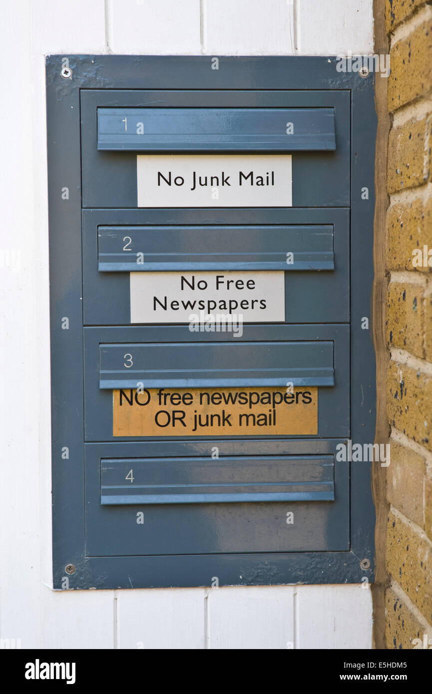 NO JUNK MAIL signs on letterboxes at Whitstable Kent England UK Stock ...
