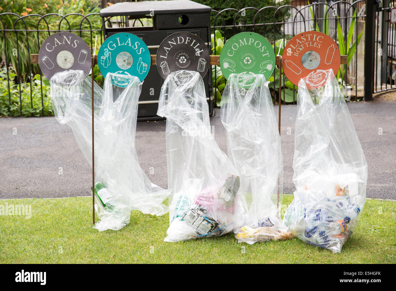 Collection point for recyclables with labels made from old 78 records ...