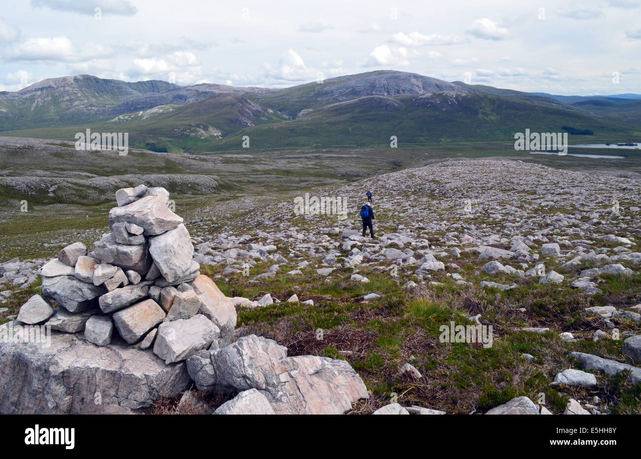 Two hill walkers heading down the Scottish Mountain Canisp with Conival ...