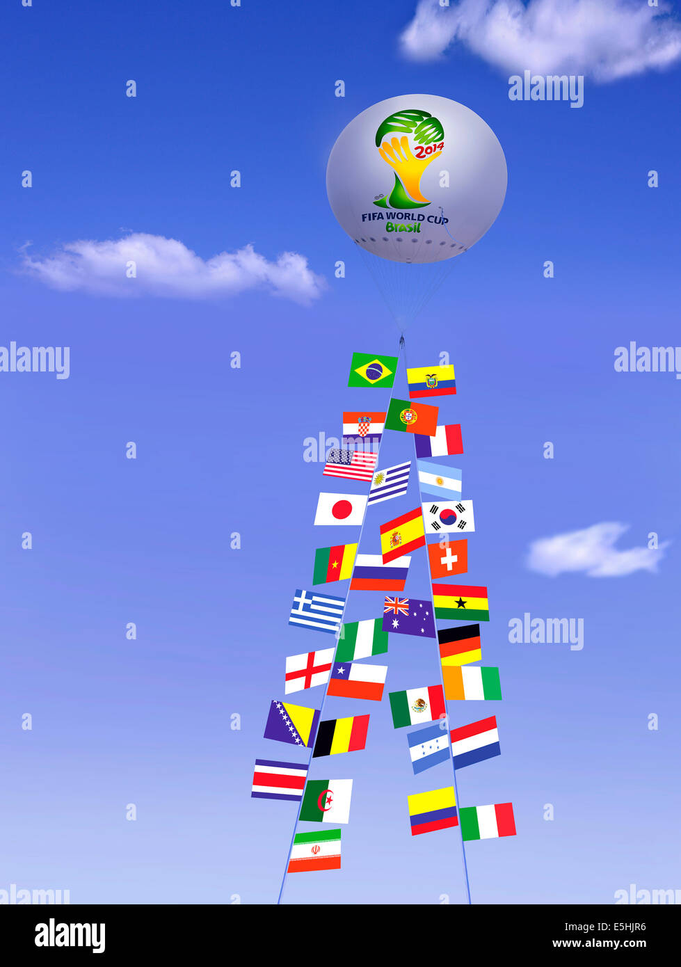 Captive balloon, at its ropes the flags of the FIFA World Cup ...