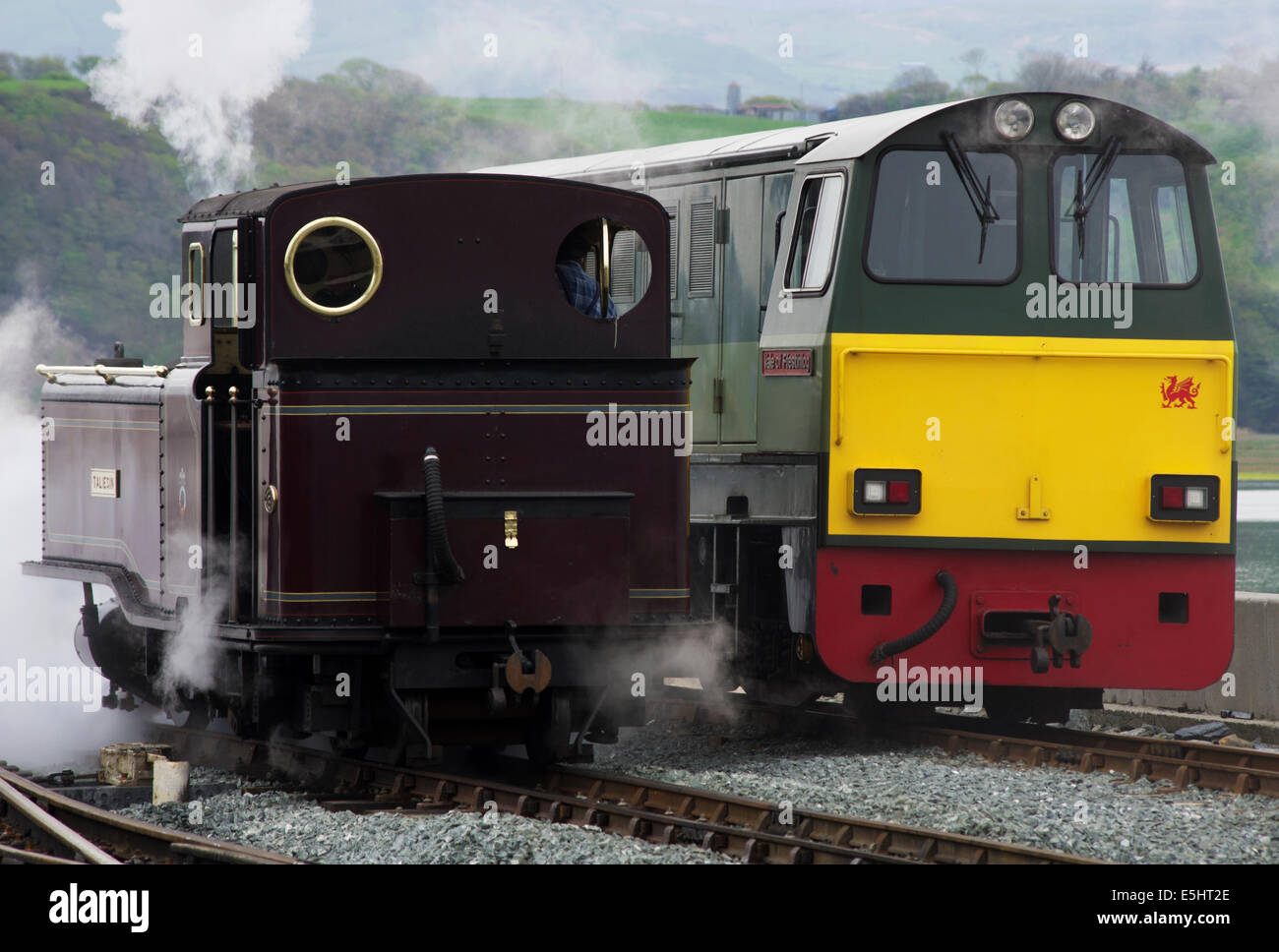 Ffestiniog Railway steam and diesel locomotives "Taliesin" and "Vale of ...