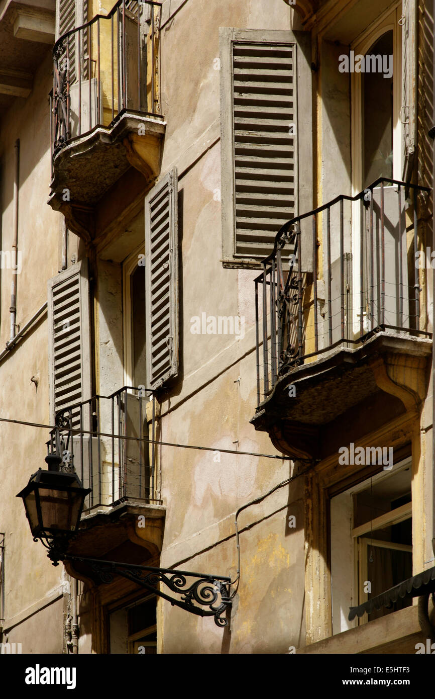 Detail of wrought iron balconies with louvre doors, Verona, Italy Stock ...