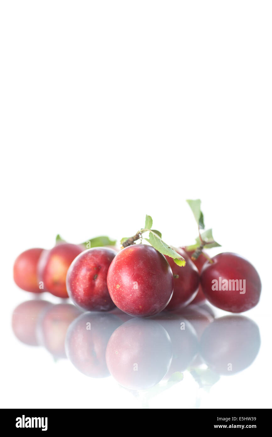 ripe red plums on a table on a white background Stock Photo - Alamy