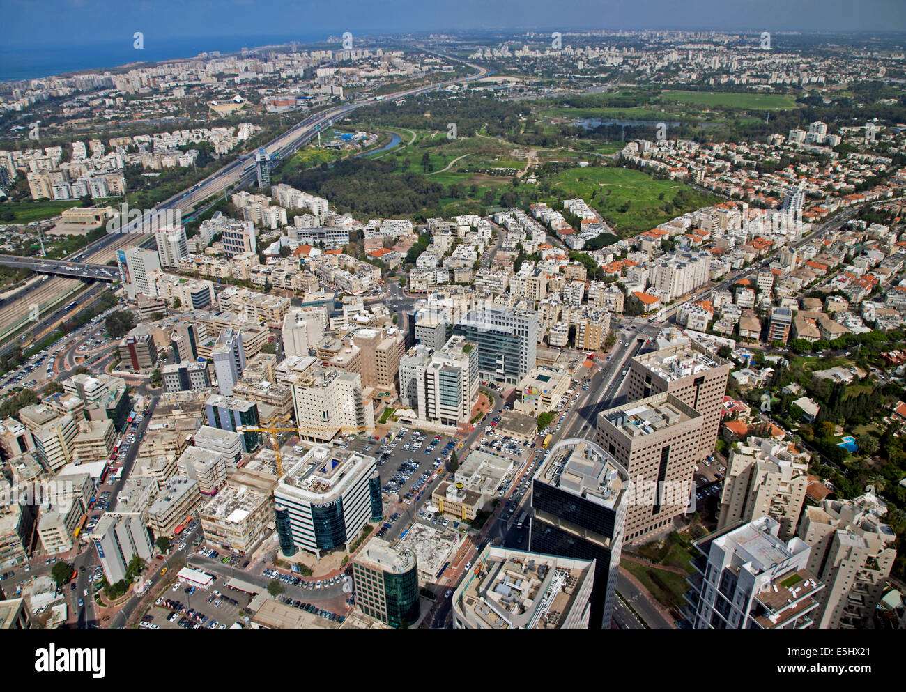 Aerial view of downtown Tel Aviv showing the Ayalon Highway, Tel Aviv ...