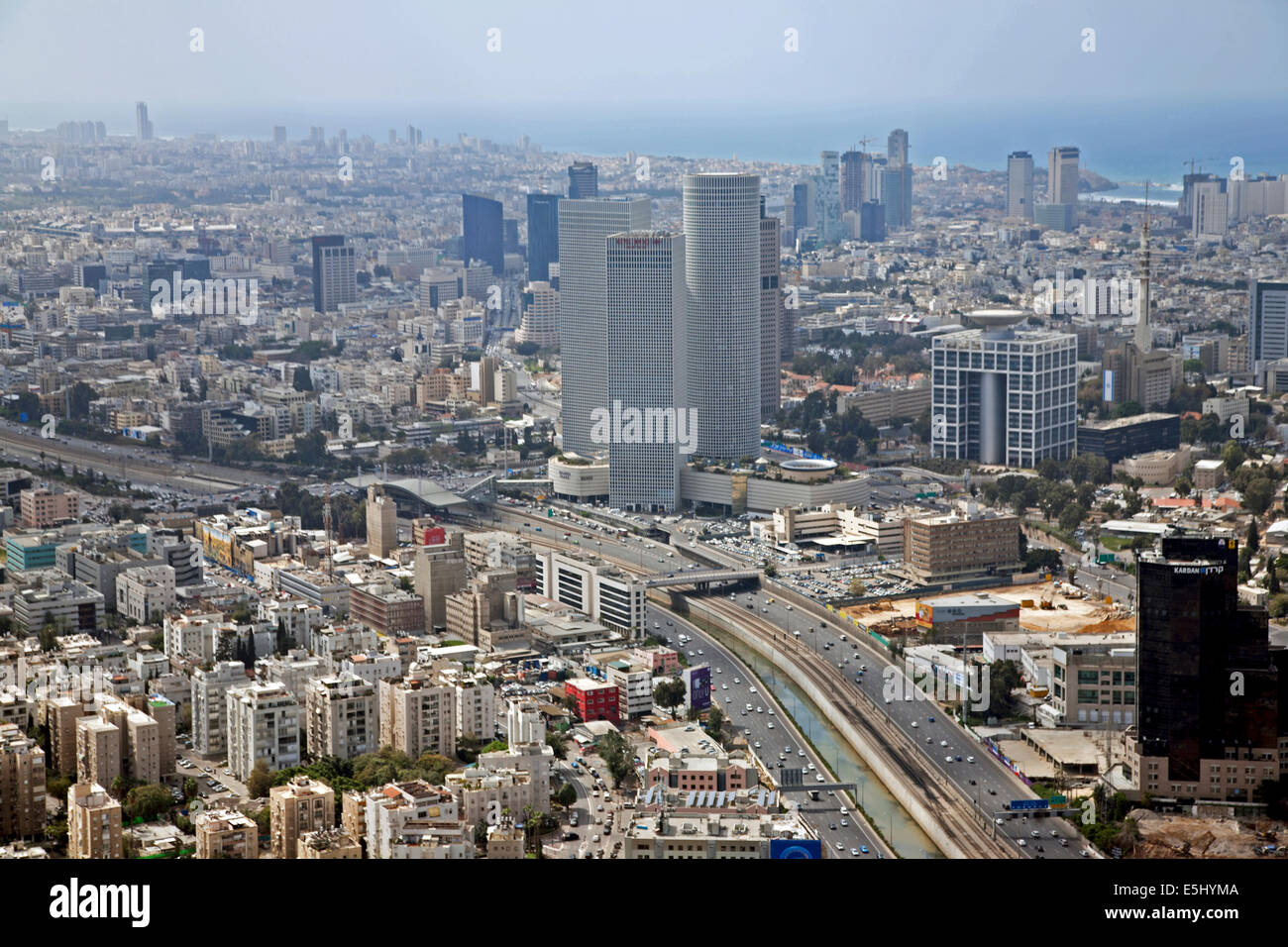 Aerial view of Tel Aviv showing modern skyscrapers and the ...