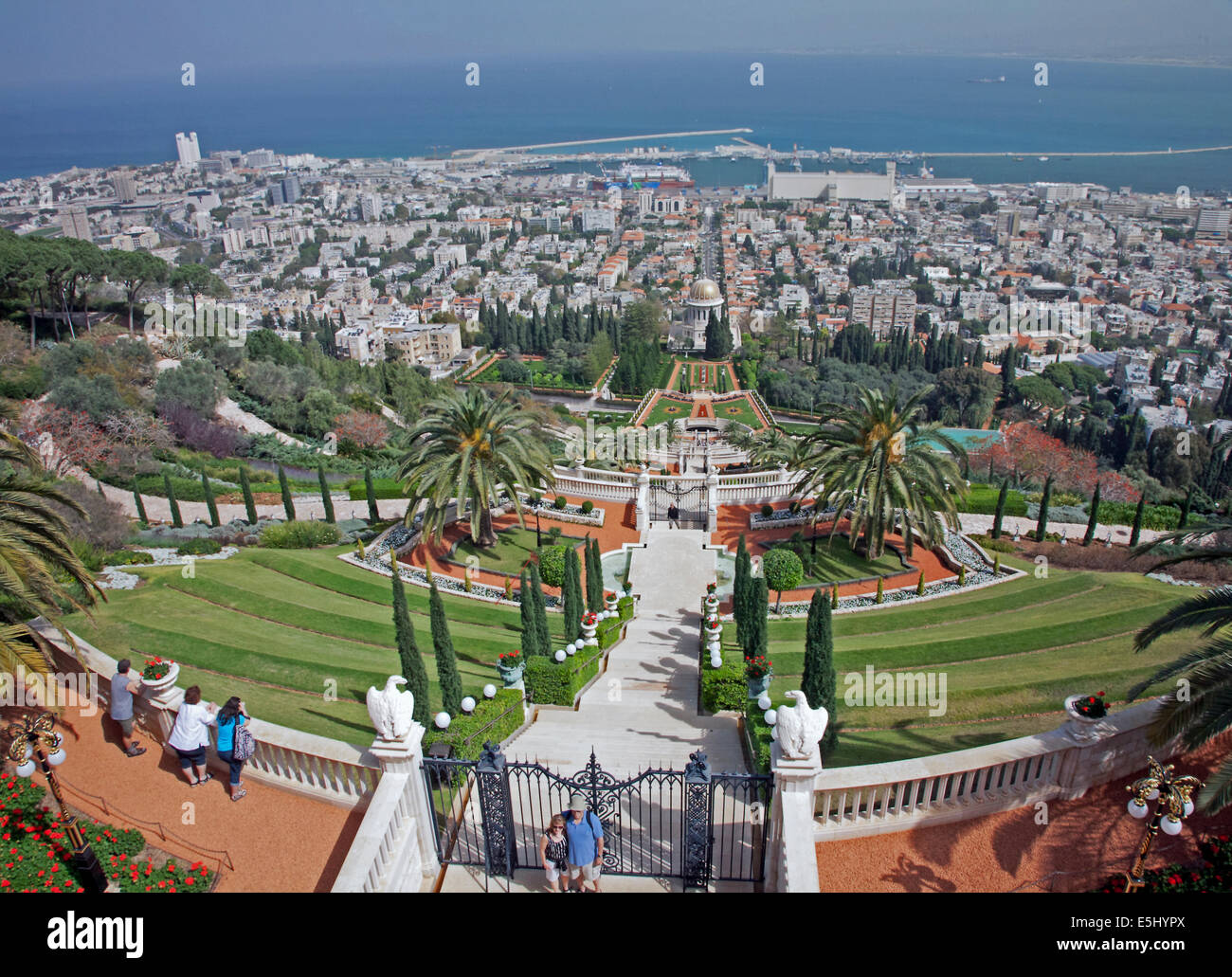 Aerial view of city from Mount Carmel showing the Port of Haifa and the ...