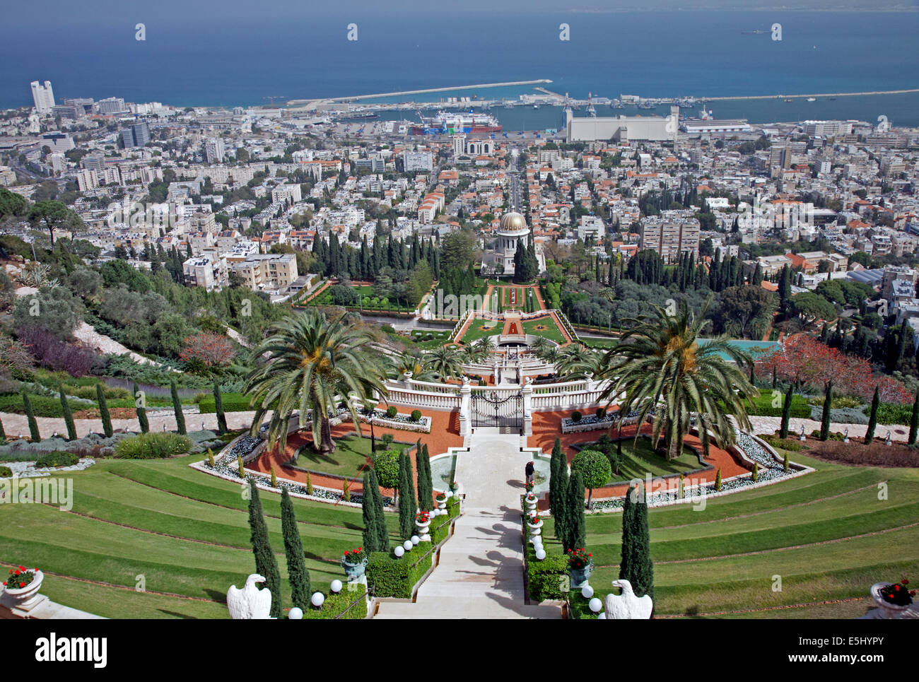 Aerial view of city from Mount Carmel showing the Port of Haifa and the ...