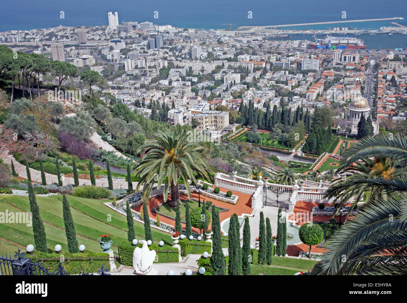 Aerial view of city from Mount Carmel showing the Port of Haifa and the ...