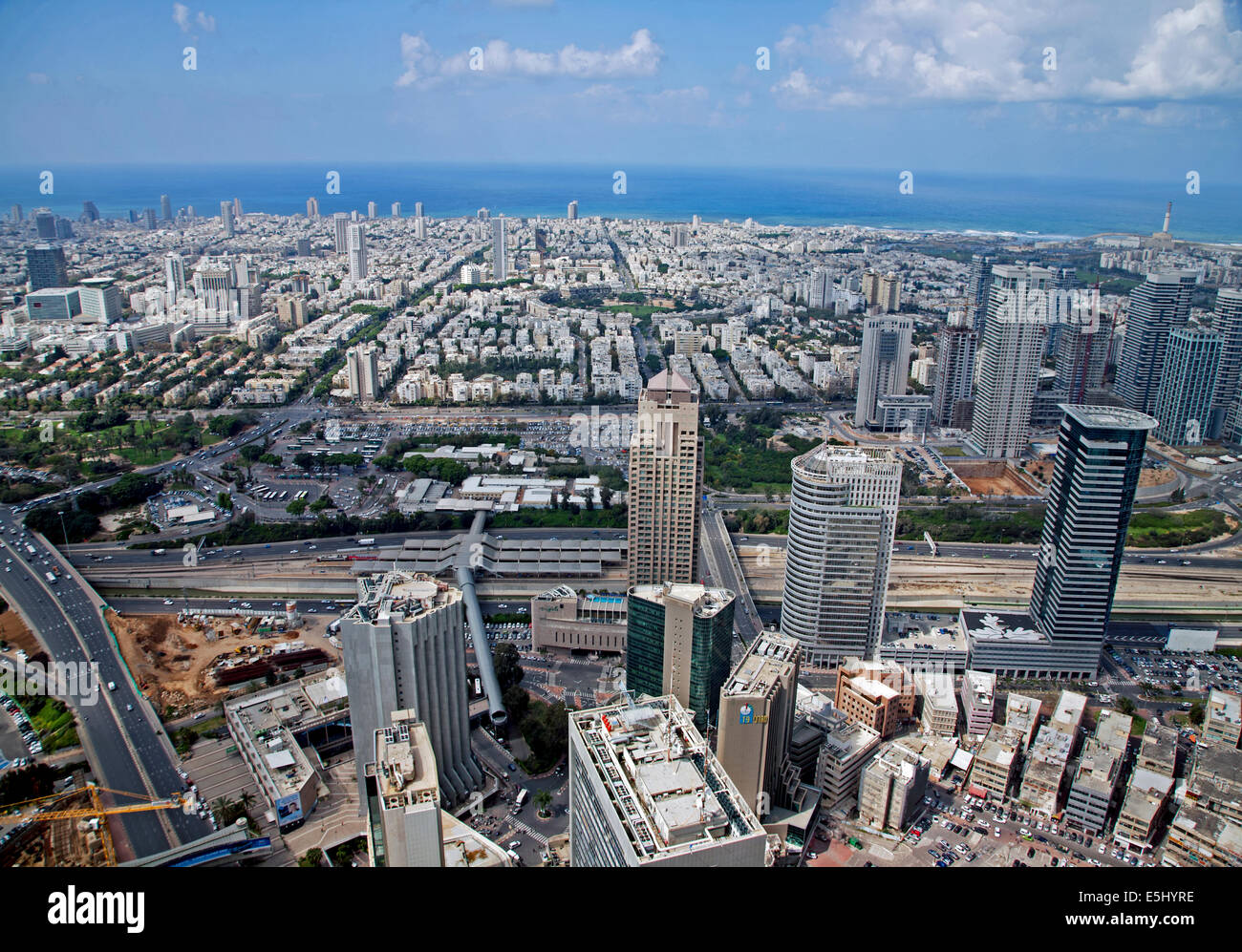 Aerial view of Tel Aviv showing the Ayalon Highway and Mediterranean ...