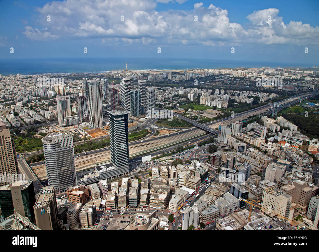 Aerial view of Tel Aviv showing the Ayalon Highway and Mediterranean ...