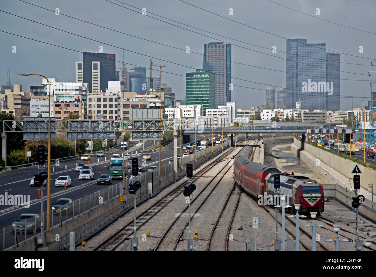 Train in transit showing skyscrapers in background, Tel Aviv, Israel ...