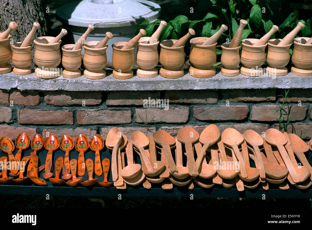 GÖCEK,TURKEY. SOUVENIR WOODEN SPOONS AND MORTAR AND PESTLE POTS ON ...