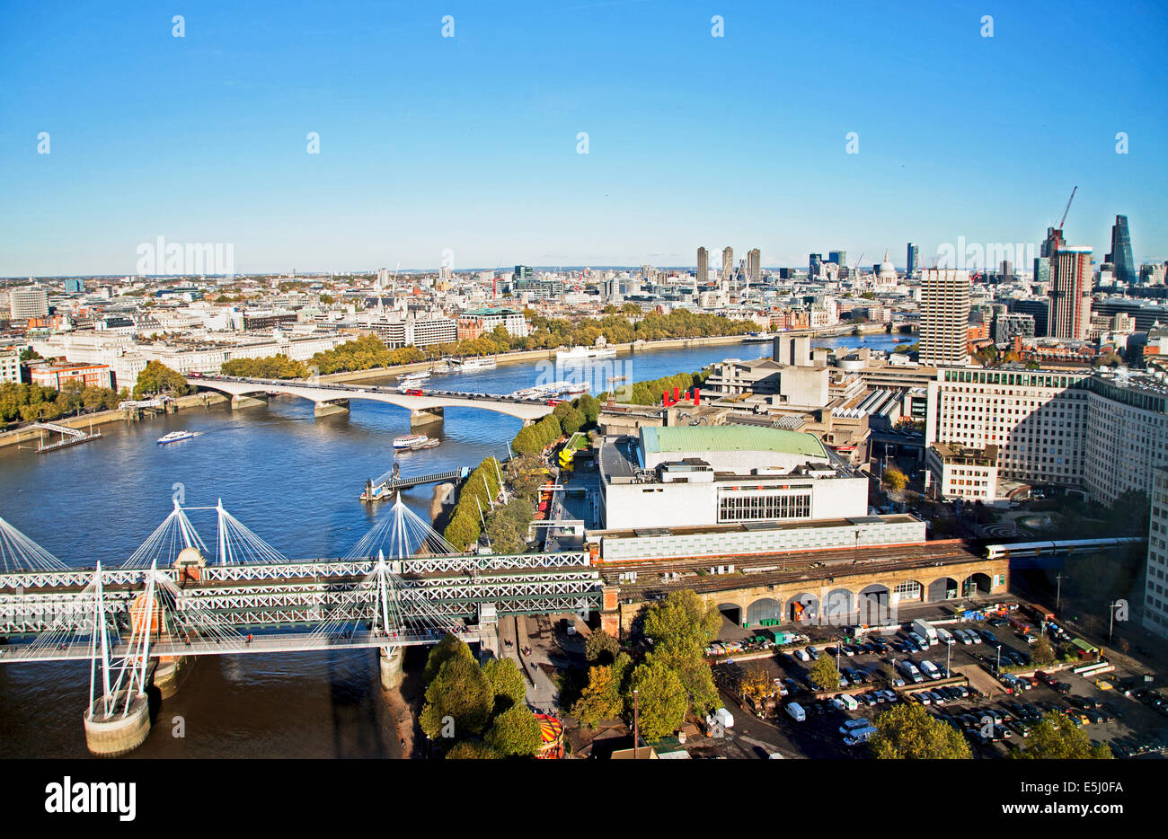 View of the South Bank from the London Eye showing the Hungerford and ...
