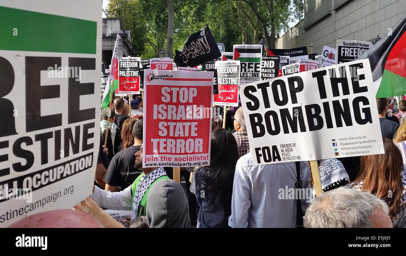 London, UK. 1st Aug, 2014. An array of placards seen during the ...