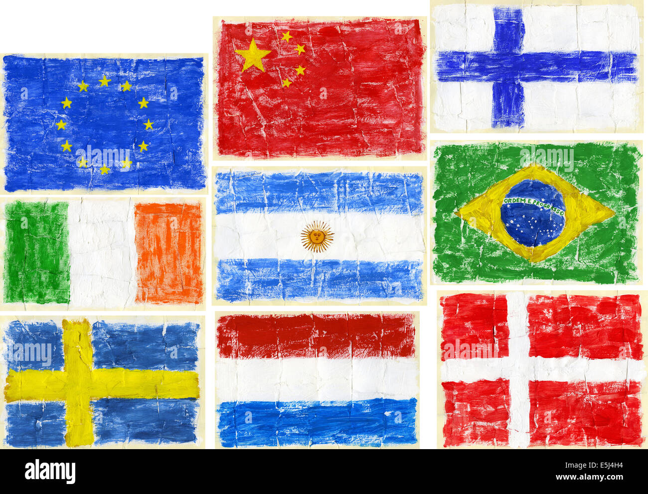 Hand painted acrylic flags. Including flags of EU, China, Finland ...