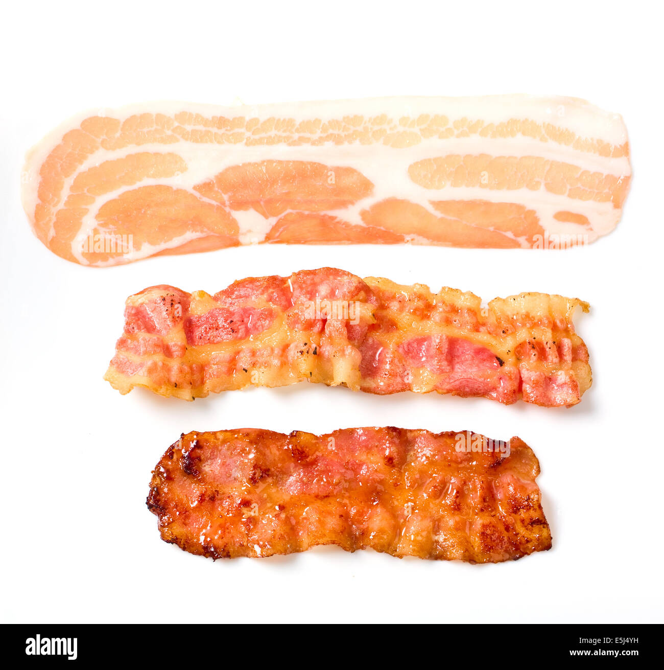 three different stages of bacon - raw, semi fried and well done Stock ...